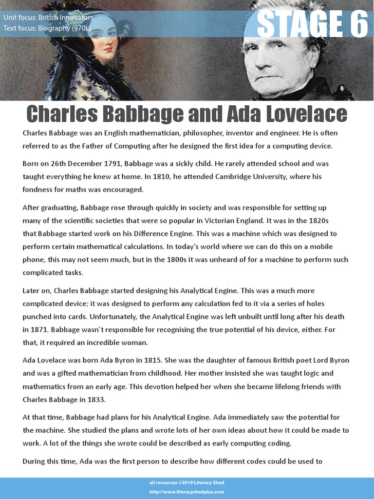 Charles Babbage and Ada Lovelace Stage 6 Comp - Reading Comprehension 1 ...