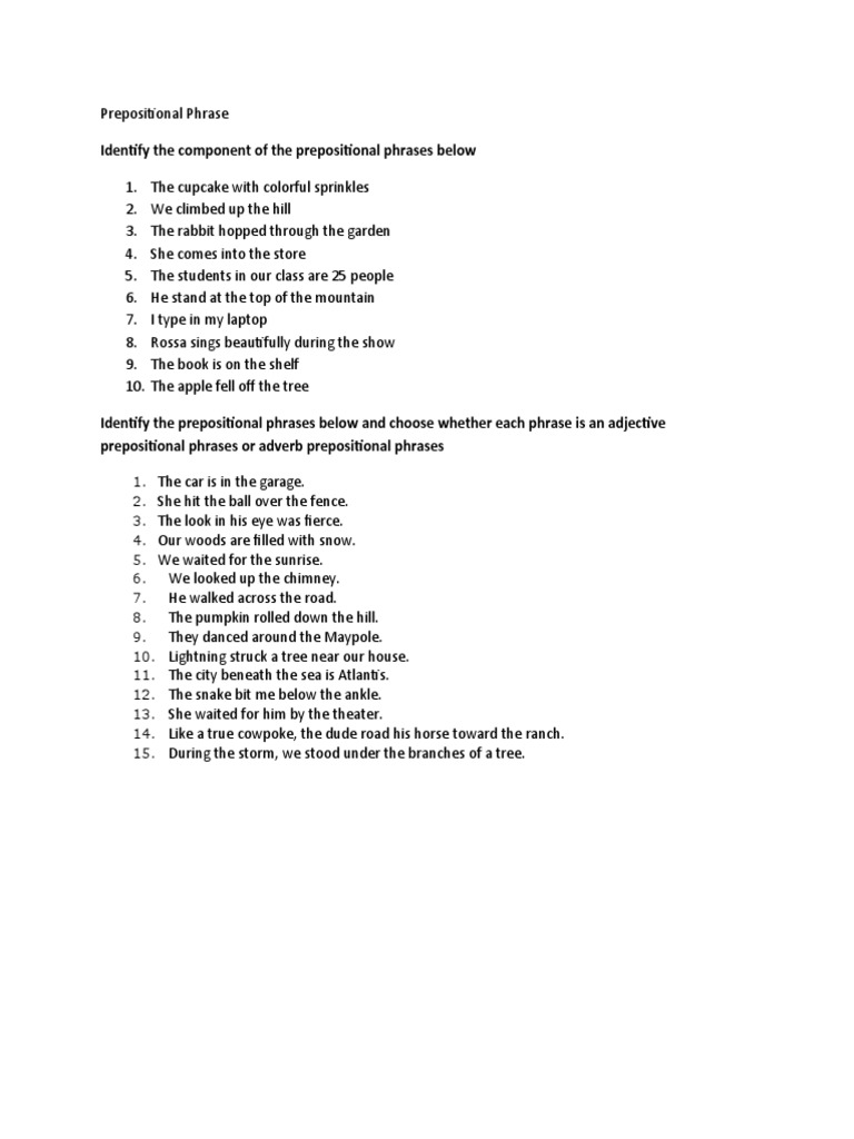Prepositional Phrase Exercise | PDF | Language Arts & Discipline