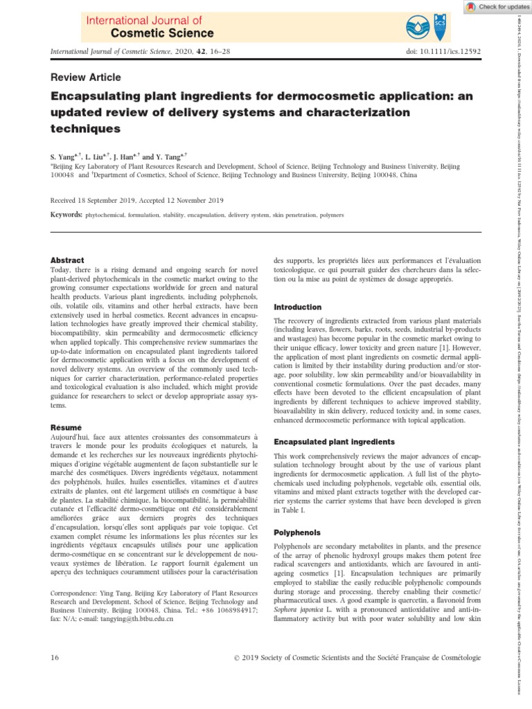 Encapsulating Plant Ingredients For Dermocosmetic Application An Updated Review Of Delivery