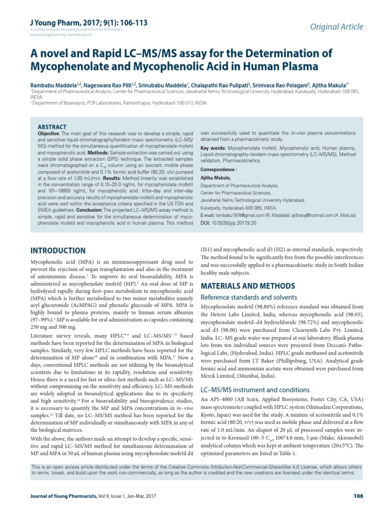 A Novel and Rapid LC-MS:MS Assay For The Determination of Mycophenolate and Mycophenolic Acid in ...