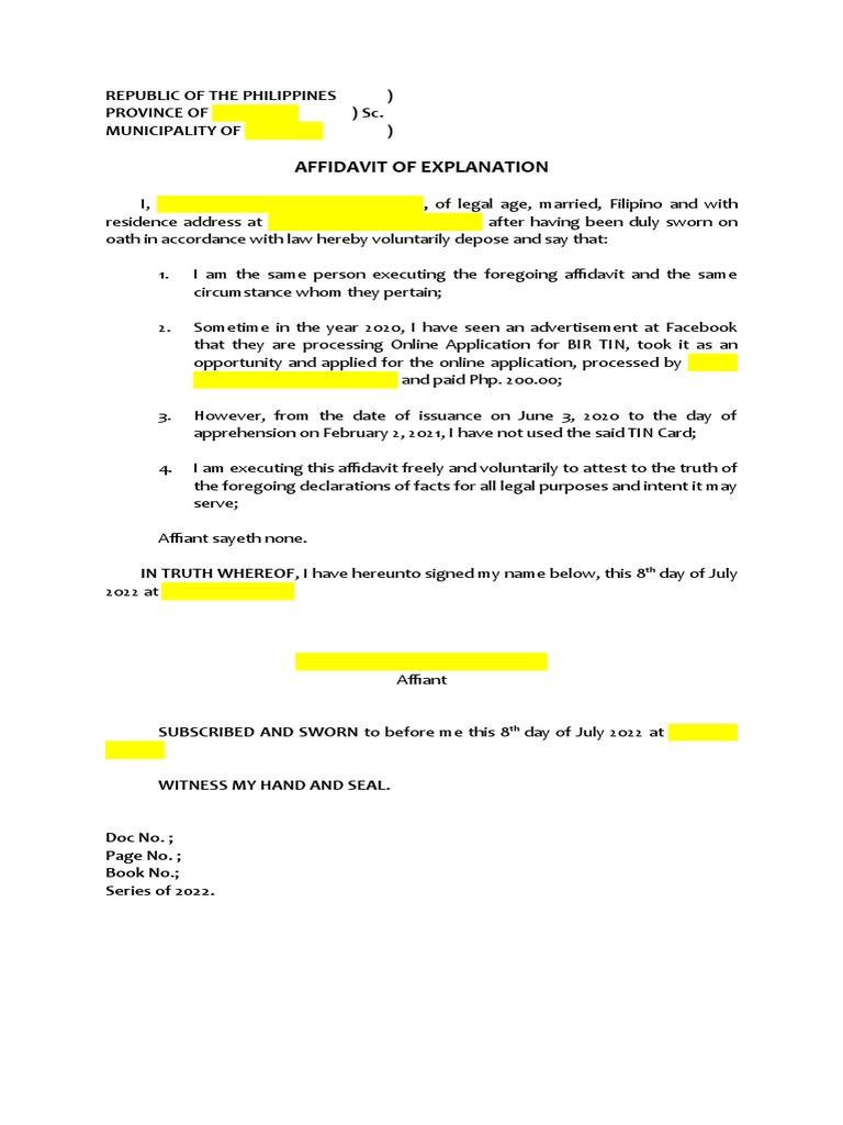 Affidavit on BIR TIN Application | PDF | Law
