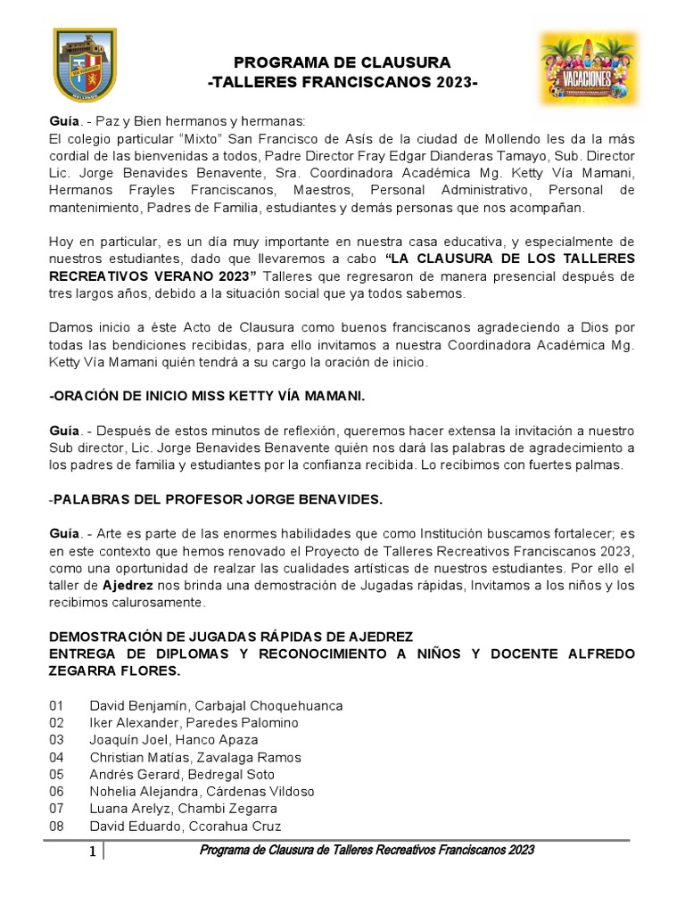 Programa de Clausura - Talleres | PDF