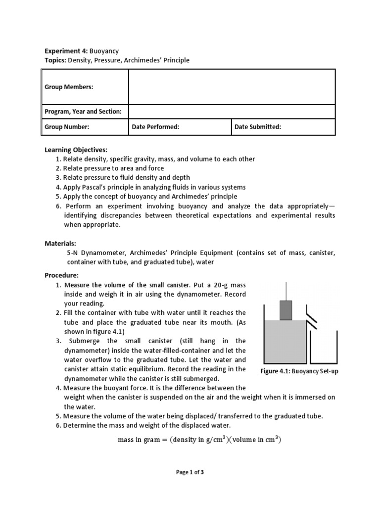 Buoyancy Experiment Archimedes Principle | PDF | Buoyancy | Density