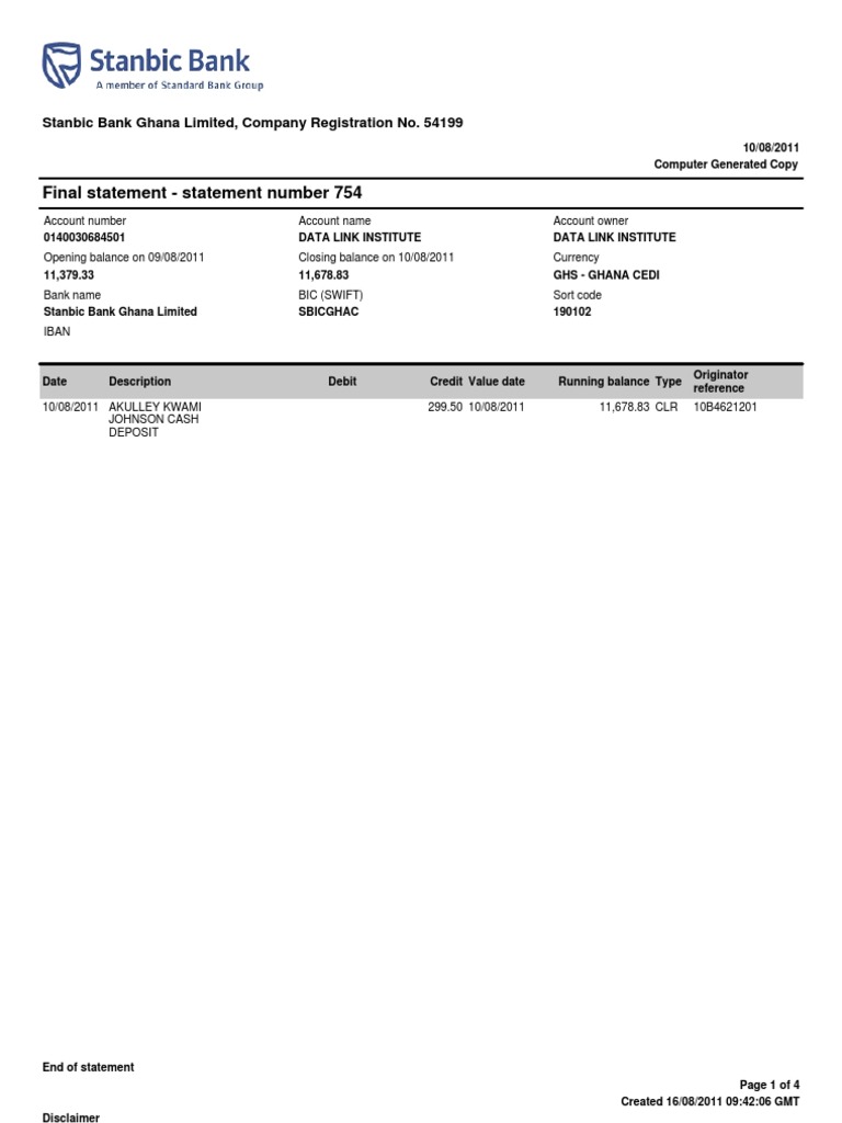 Stanbic Bank Ghana Statement Sample | PDF | Debits And Credits | Banks