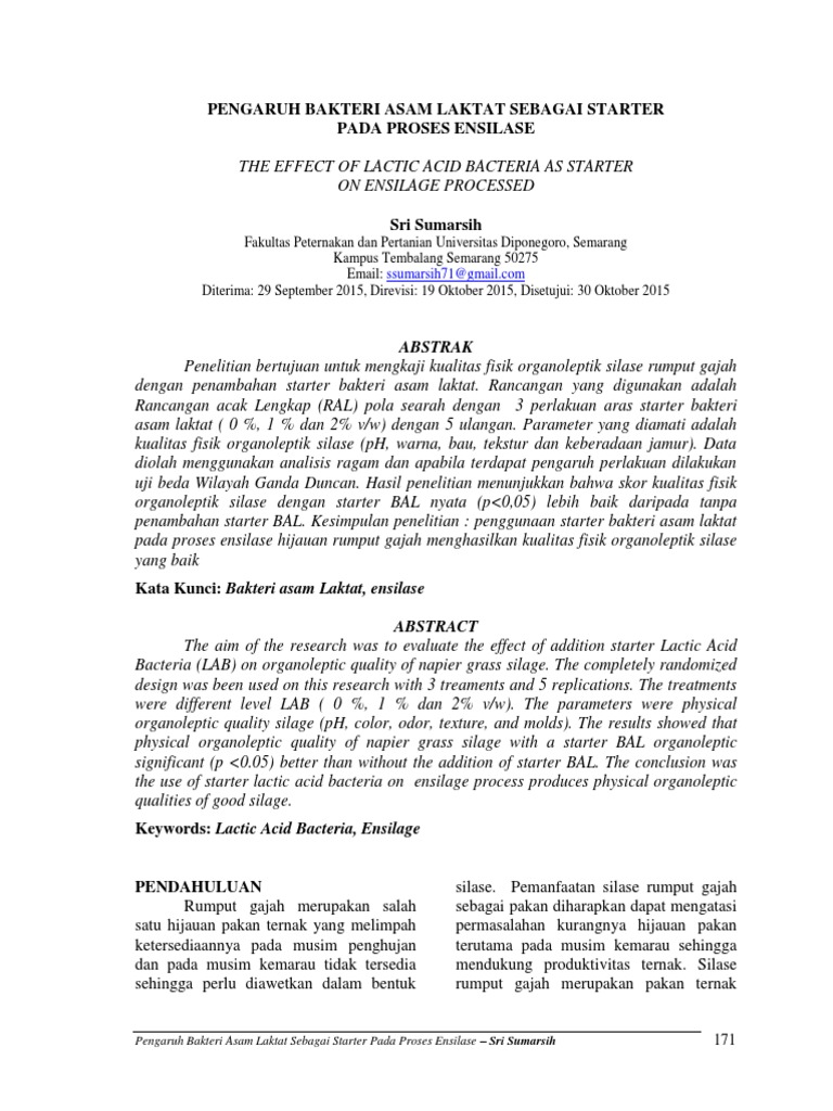 Kualitas Fisik Organoleptik Silase Rumput Gajah dengan Penambahan Starter Bakteri Asam Laktat | PDF