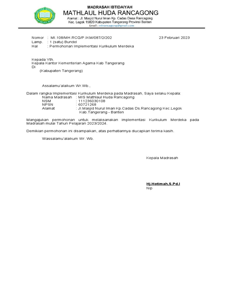 Permohonan Kurikulum Merdeka Madrasah | PDF