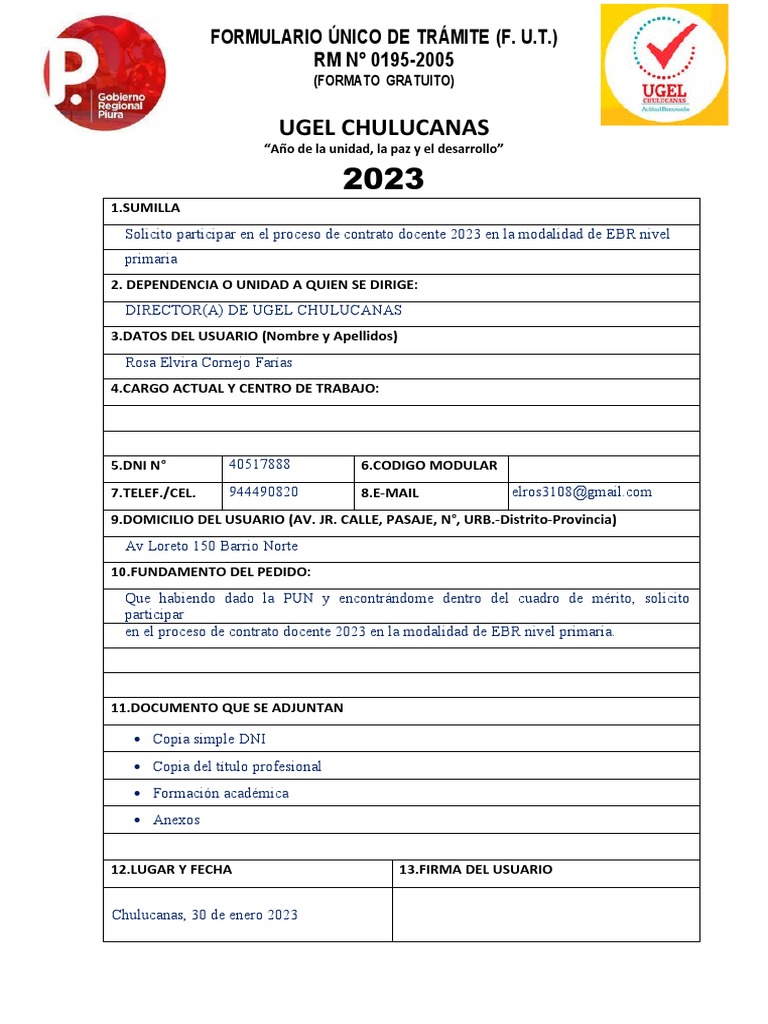 FUT 2023-UGEL CHULUCANAS Miguel y Rosa | PDF