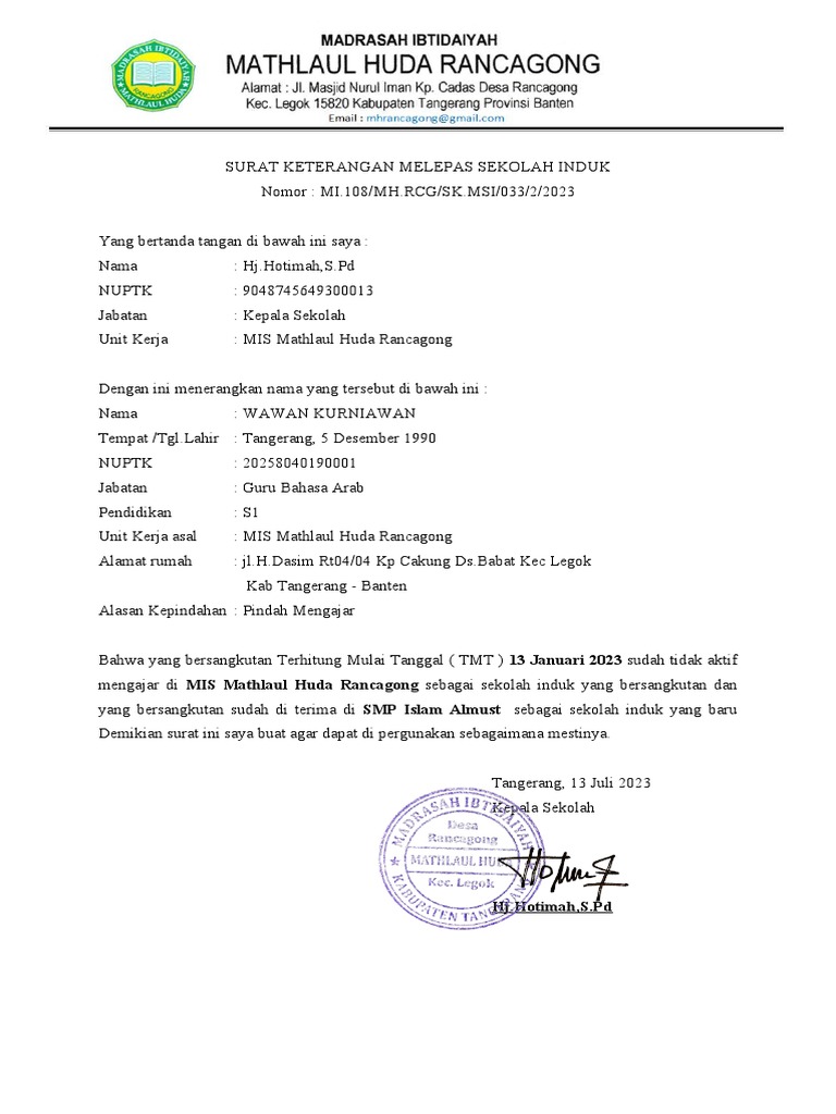 Contoh Surat Mutasi Guru | PDF