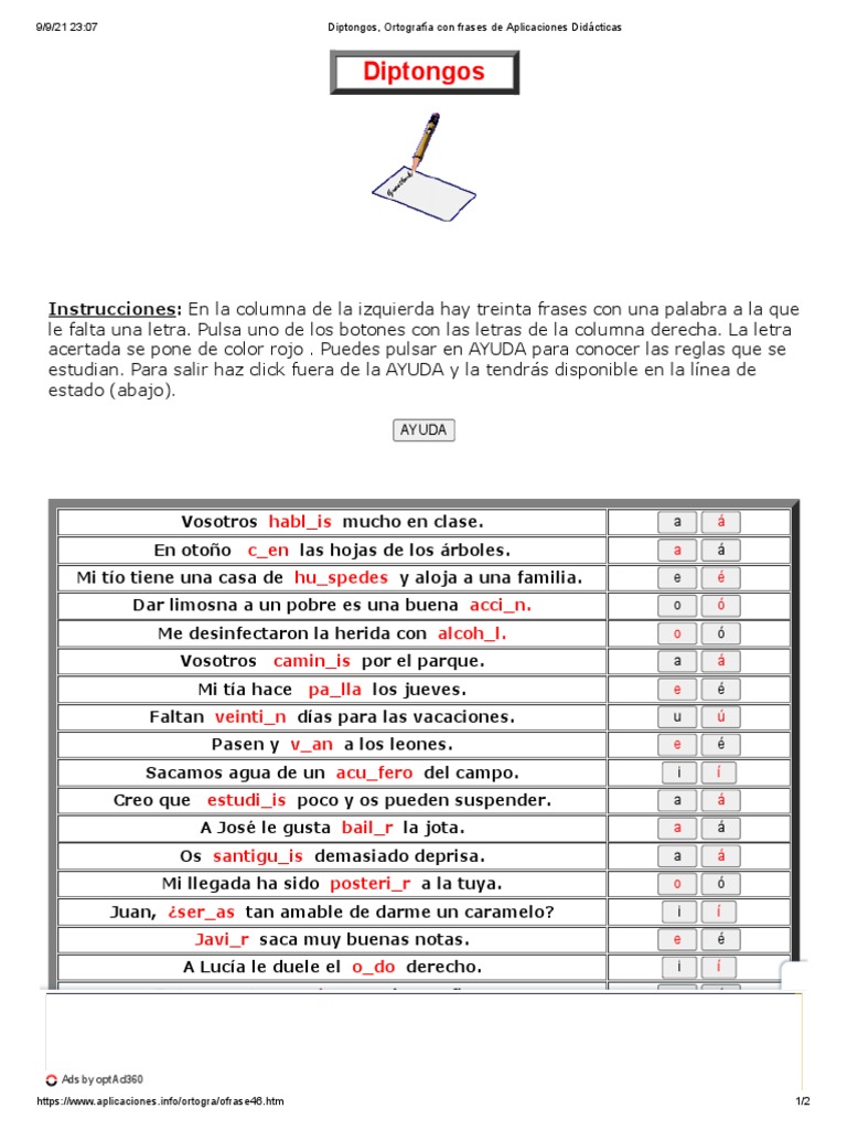 Diptongos, Ortografía Con Frases de Aplicaciones Didácticas | PDF