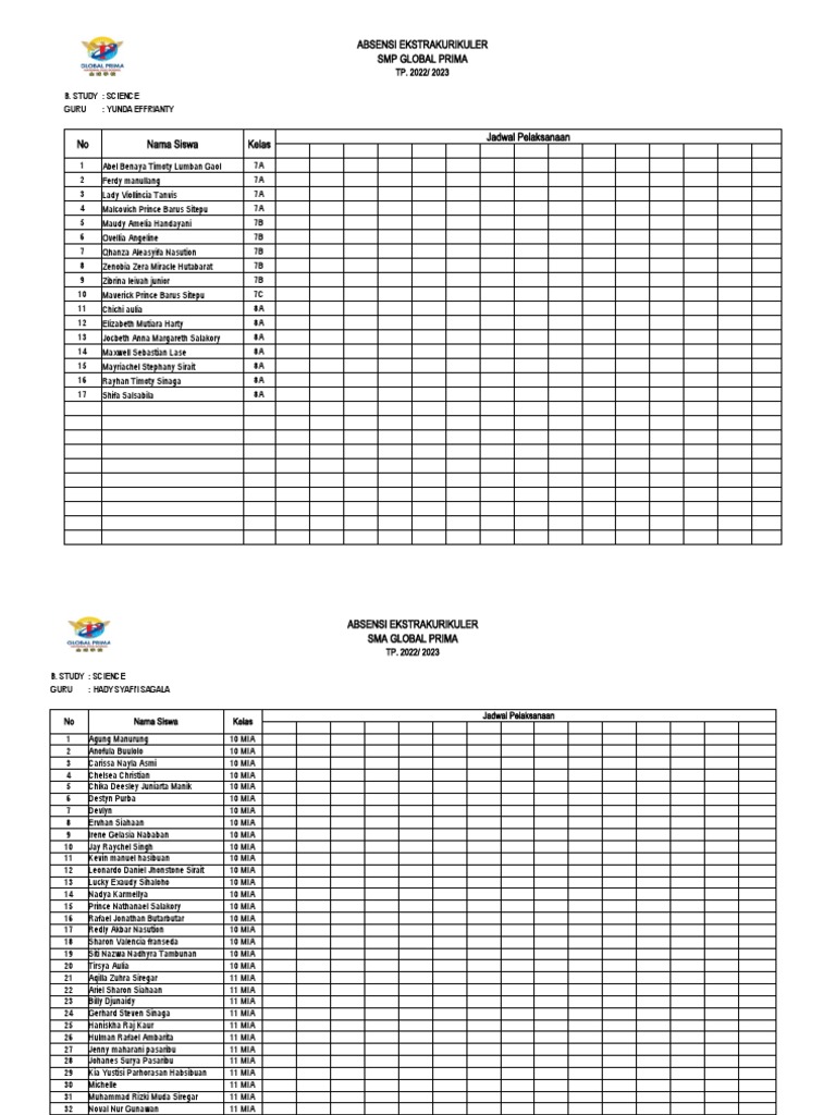 Absensi Eskul Sains | PDF