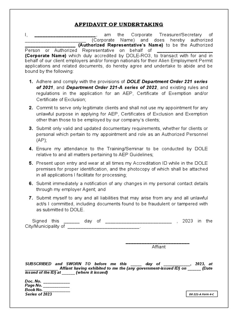 DOLE - Affidavit of Undertaking TEMPLATE | PDF | Affidavit | Common Law