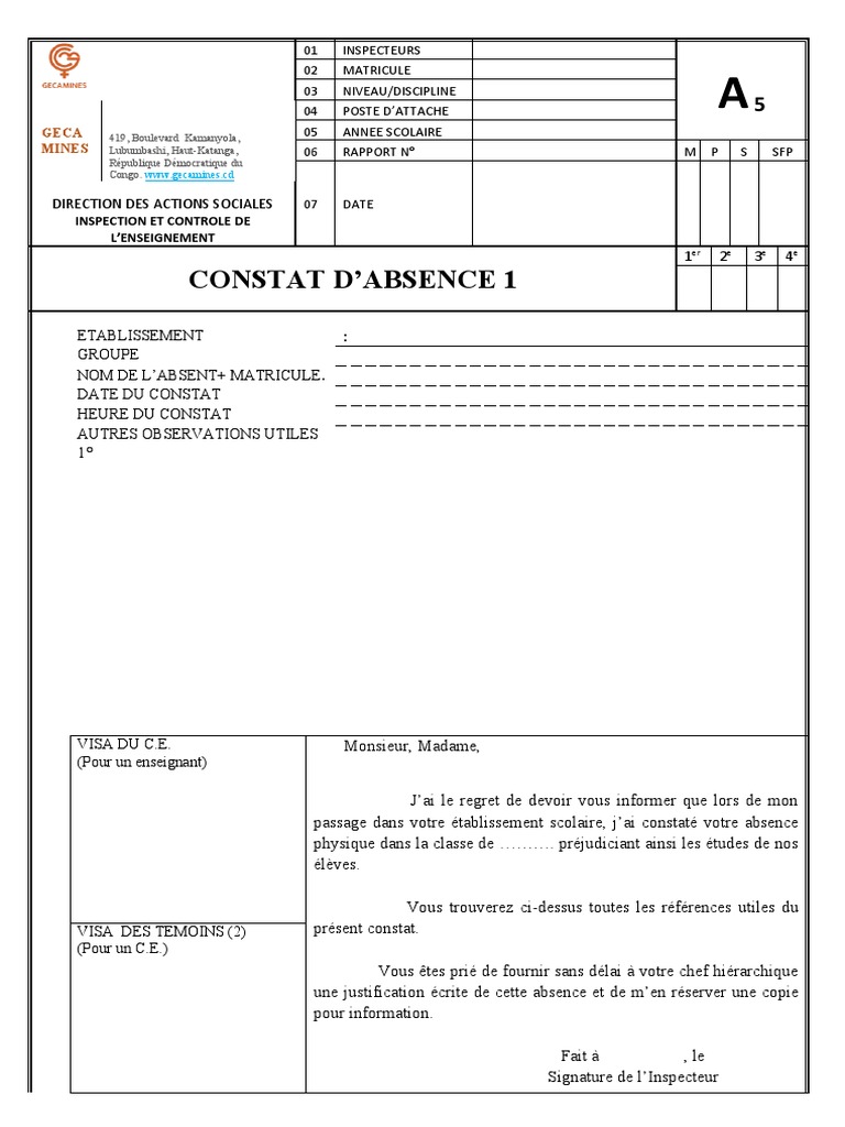 Fiche A5 Constat Absence Physique | PDF