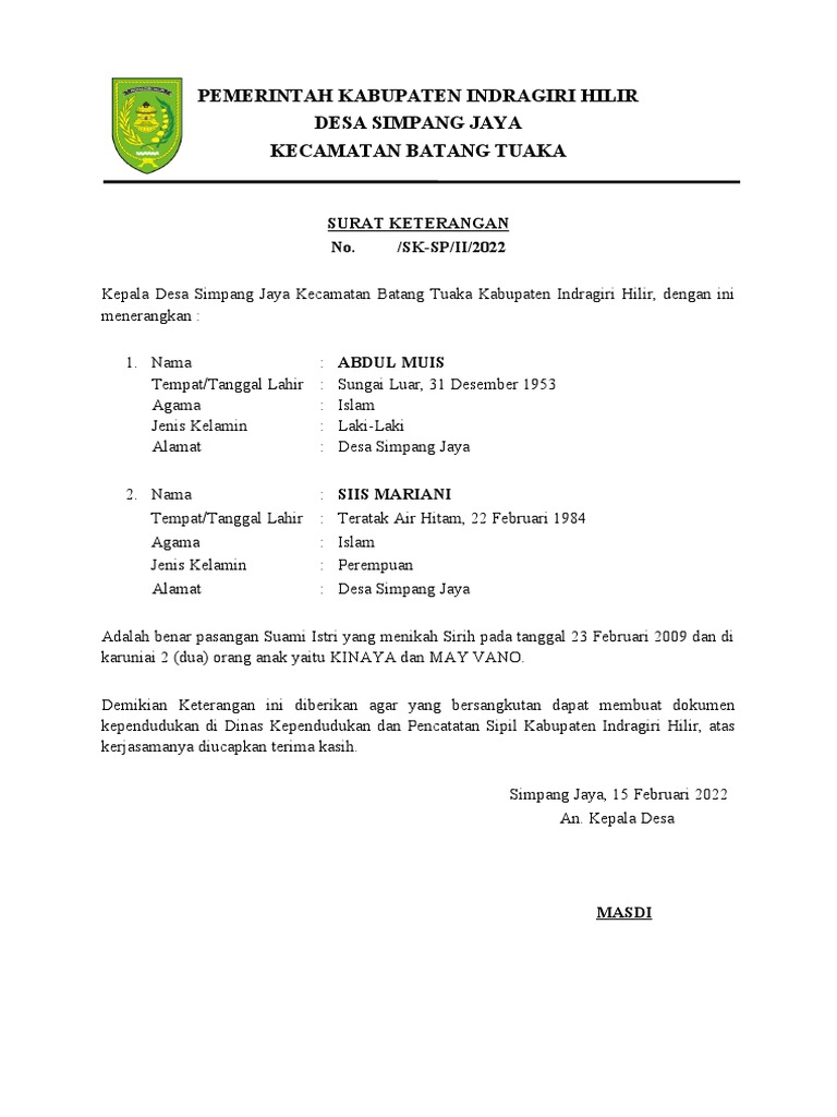 Surat Keterangan Nikah Sirih | PDF