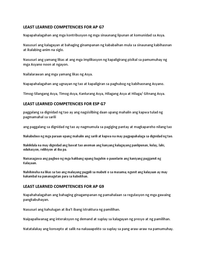 Least Learned Competencies, MPS, Summary of Grades | PDF