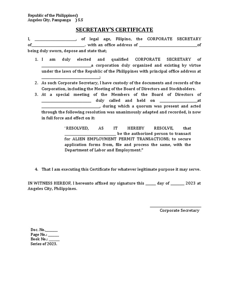 SDOLE - ECRETARY's Certificate TEMPLATE | PDF | Career & Growth | Business