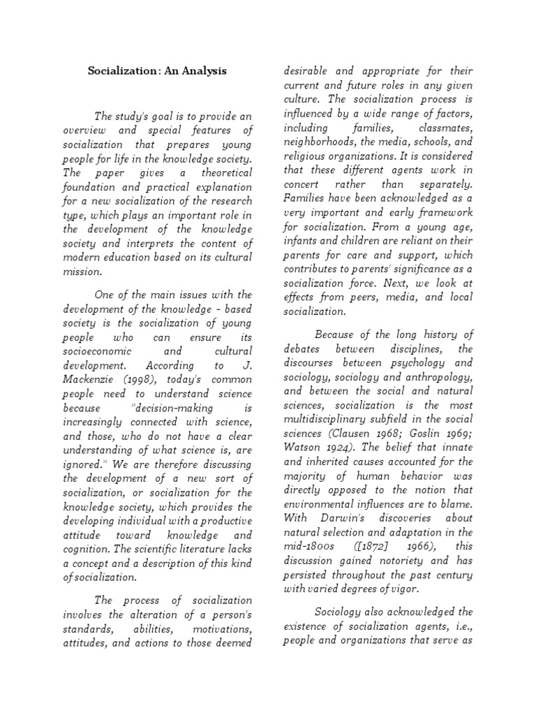 ANALYSIS PAPER (Socialization) | PDF | Socialization | Sociology
