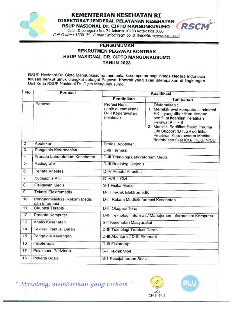 Pengumuman Rekrutmen Pegawai Kontrak RSCM Tahun 2023 | PDF