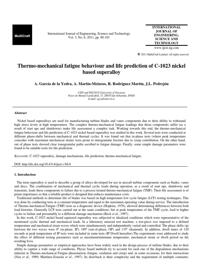 Thermo-Mechanical Fatigue Behaviour and Life Prediction of C-1023 Nickel Based Superalloy | PDF ...