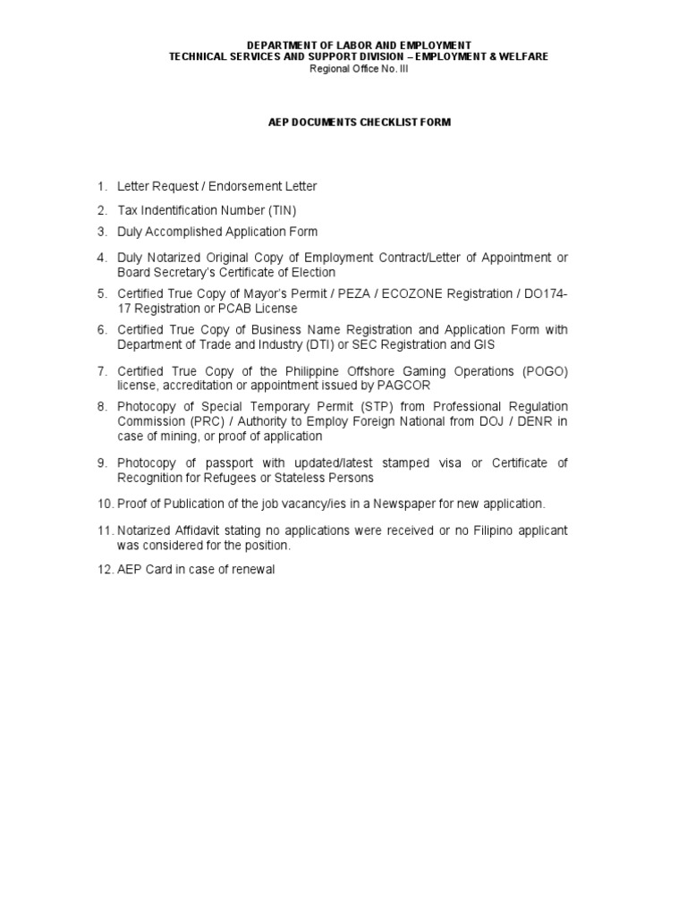 DOLE AEP Checklist - New - 2021 A4 | PDF