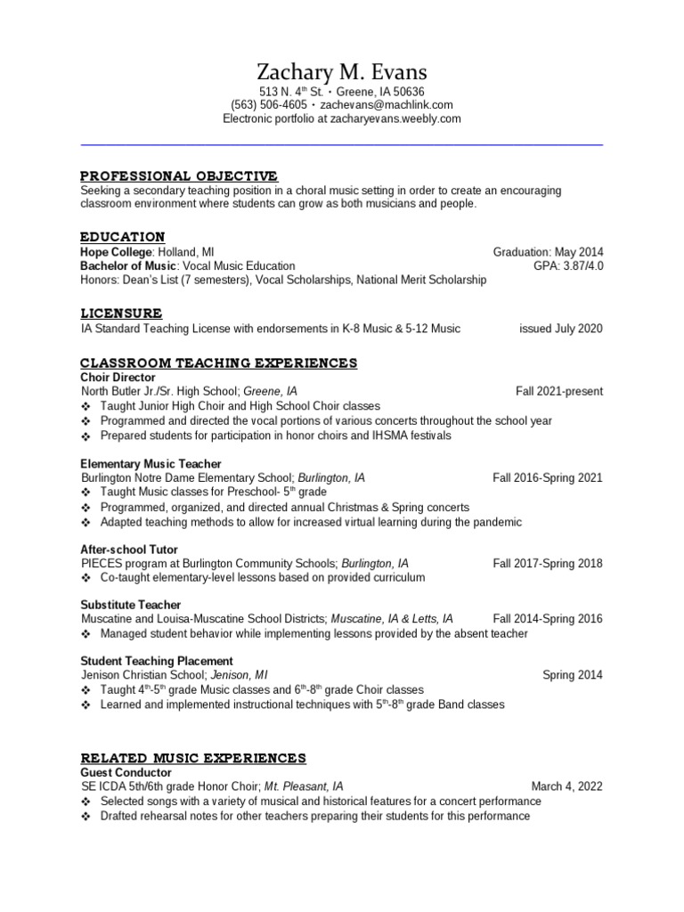Zachary Evans Resume | PDF | Choir | Teachers
