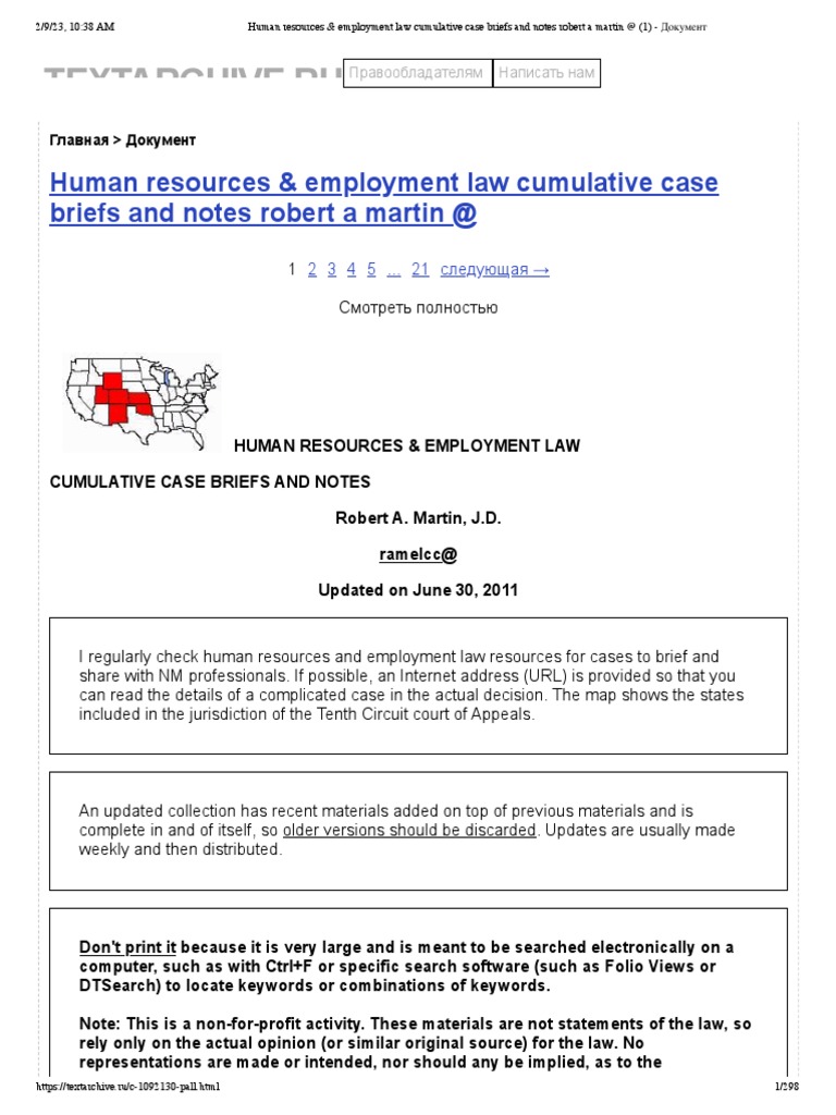 Human Resources & Employment Law Cumulative Case Briefs and Notes ...