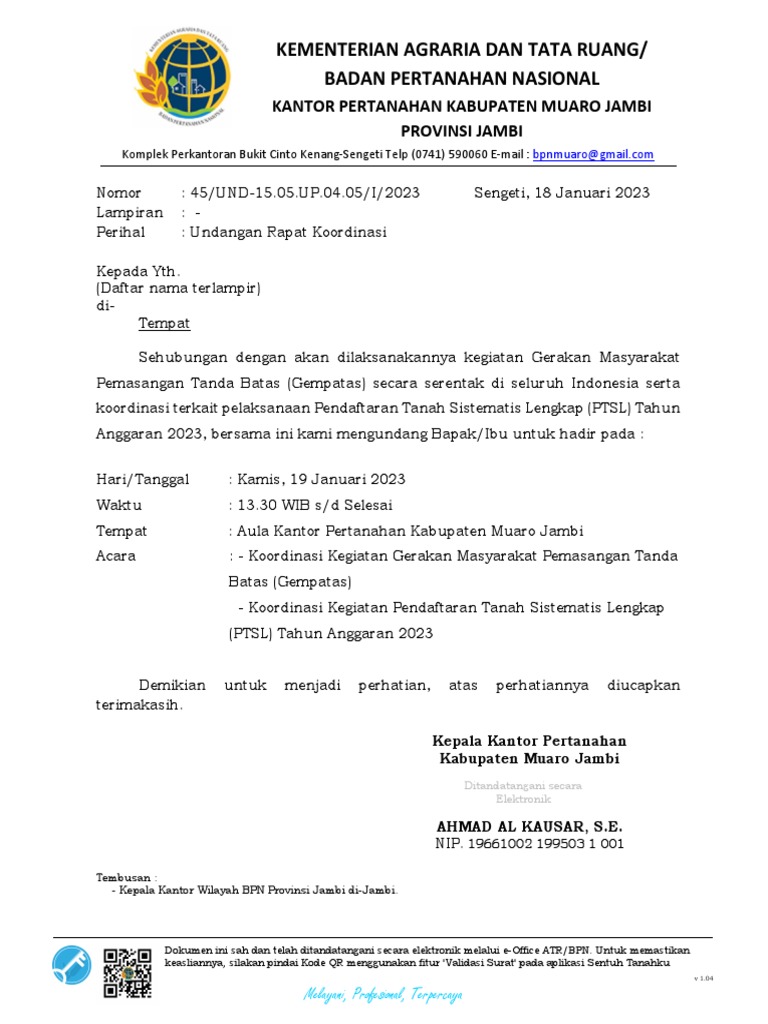 Undangan Rapat Koordinasi Gempatas Dan PTSL 19 Januari 2023 | PDF