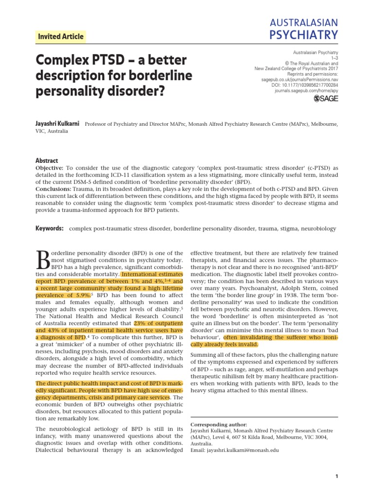 Complex PTSD - A Better Description For Borderline Personality Disorder? | Download Free PDF ...