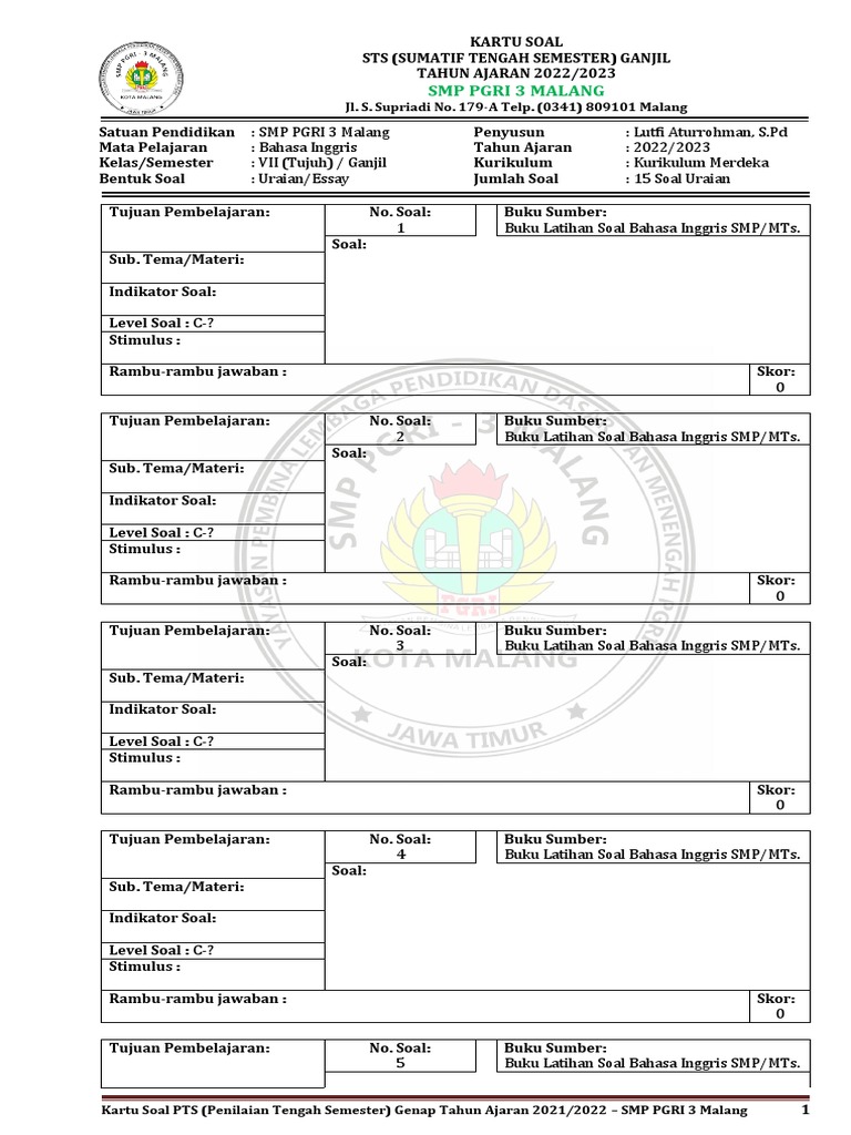 Format Kartu Soal Sts Ganjil (Nama Mapel) Kelas 7 Ta 2022-2023 | PDF