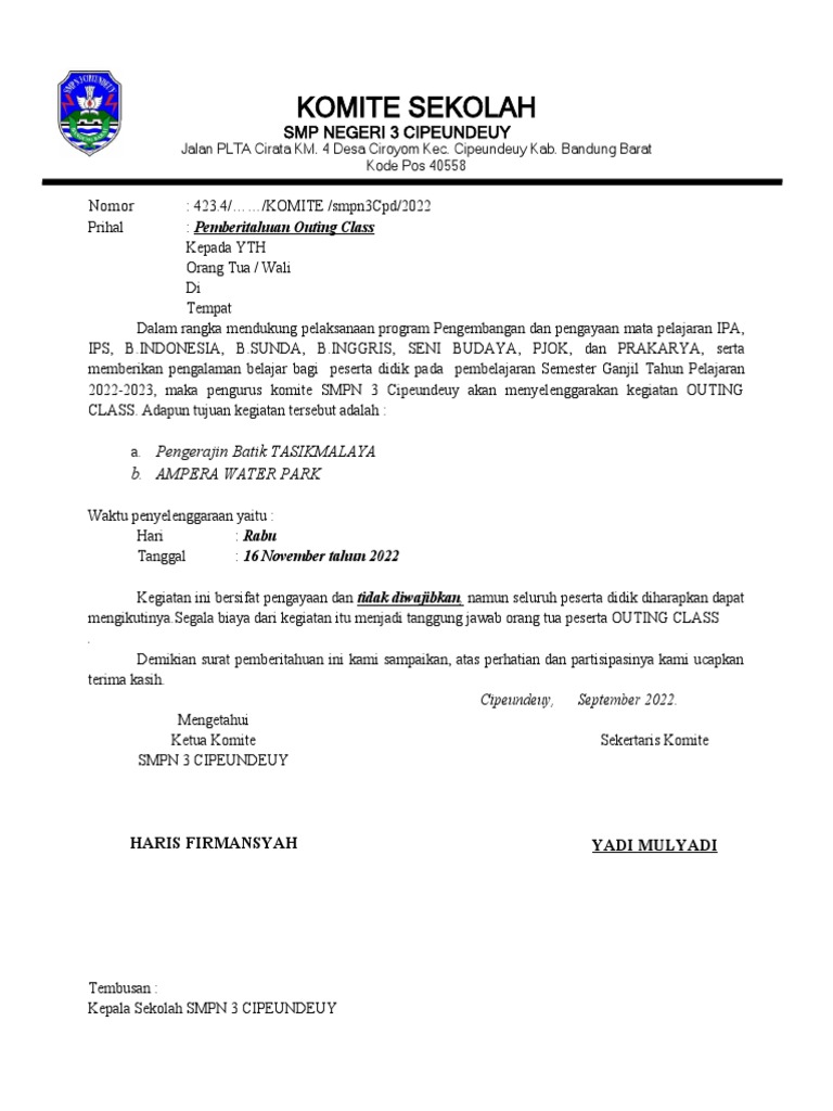 Pemberitahuan Outing Class | PDF | Karier & Perkembangan | Ilmu Sosial