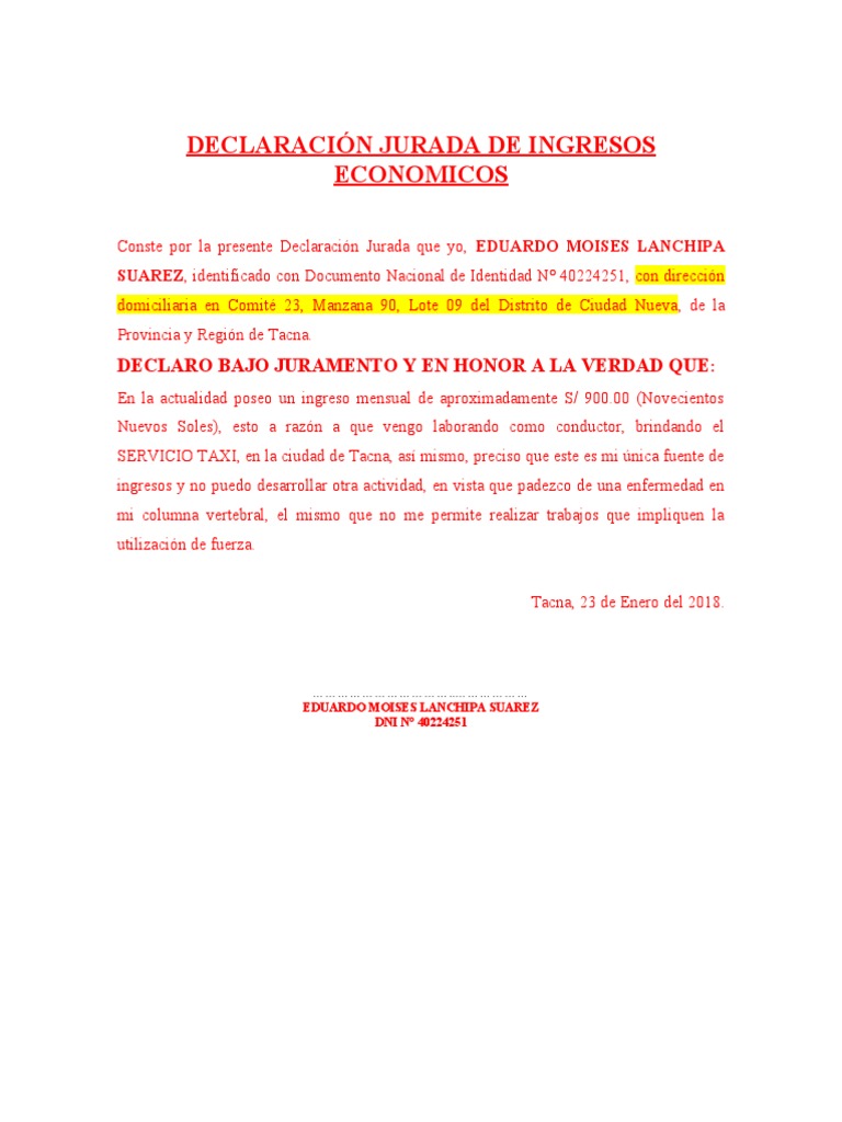 Declaración Jurada de Ingresos | PDF