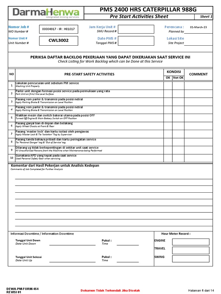 Dewa-pm-Form-454-r01 Pms 2400 Hrs Caterpillar 988h | PDF