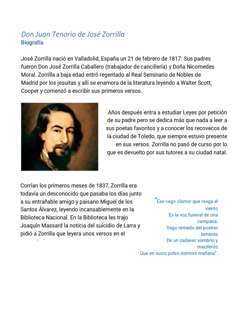 Biografía de José Zorrilla y Don Juan Tenorio | PDF | Romanticismo