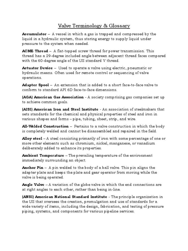 Valve Terminology Glossary | PDF | Valve | Pipe (Fluid Conveyance)