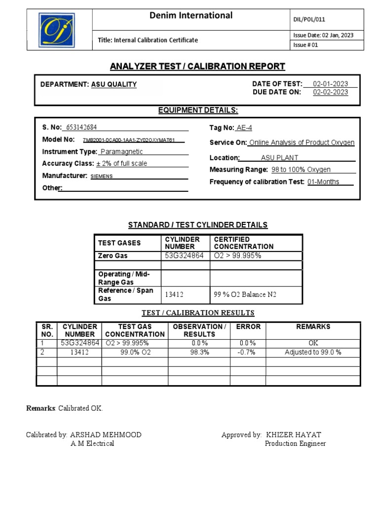 Internal Calibration Certificate | PDF | Calibration | Gases