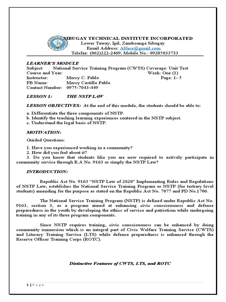 NSTP Cwts 1 Modules For First Semester | PDF | Leadership | Thought NSTP Cwts 1 Modules For First Semester | PDF | Leadership | Thought
