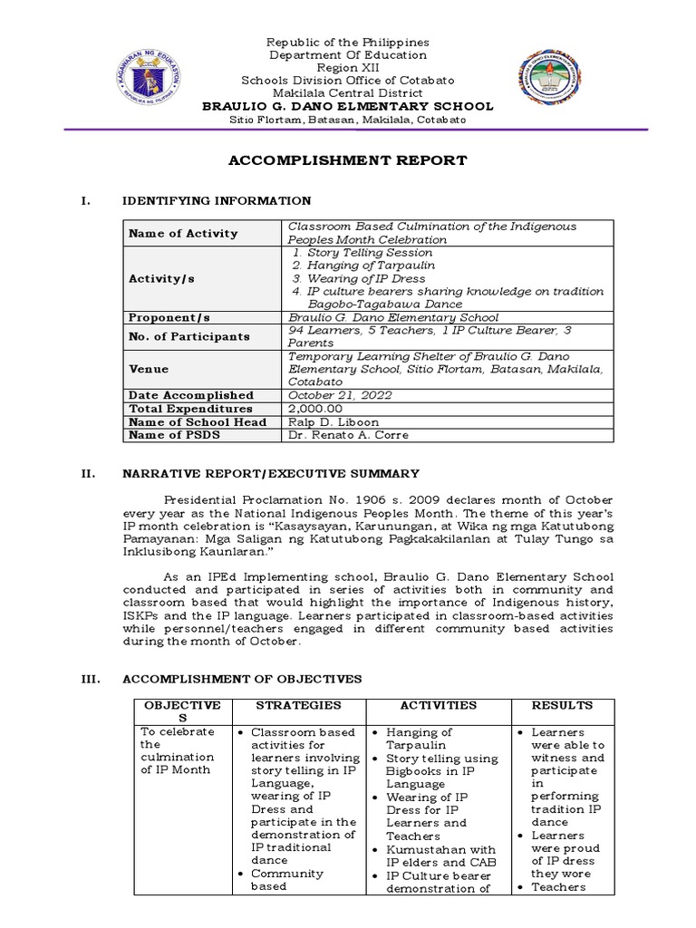 BGDES Accomplishment Report IP Month Celebration 2022 | PDF | Learning | Behavior Modification