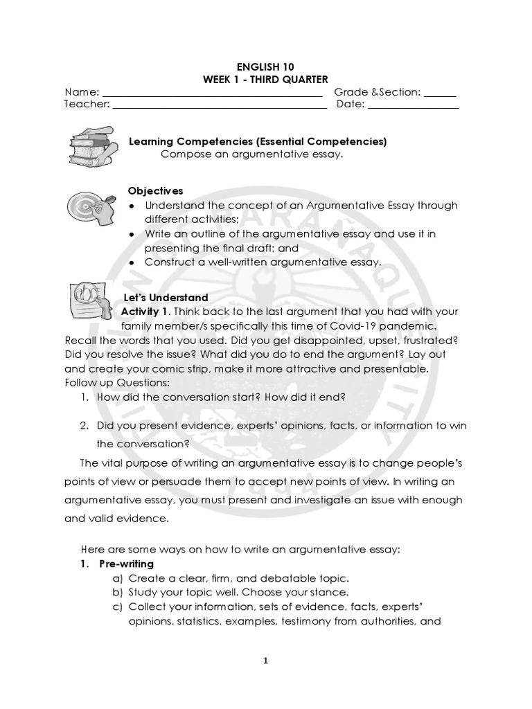 English 10 - Week 1 - Module 1 | PDF | Essays | Argument