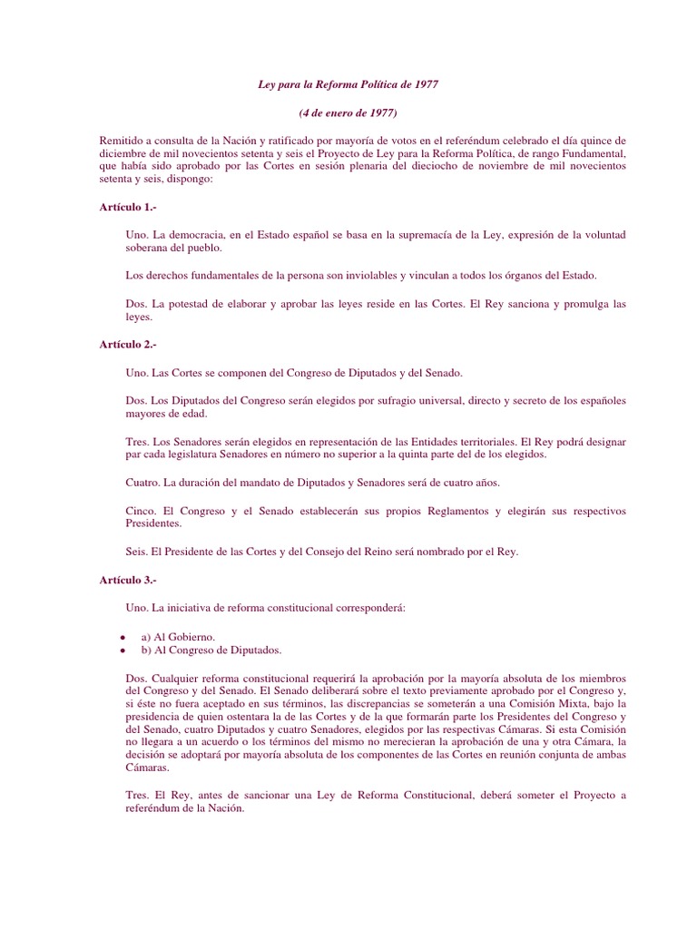 Ley para La Reforma Politica de 1977 | PDF | Cortes Generales | Gobierno