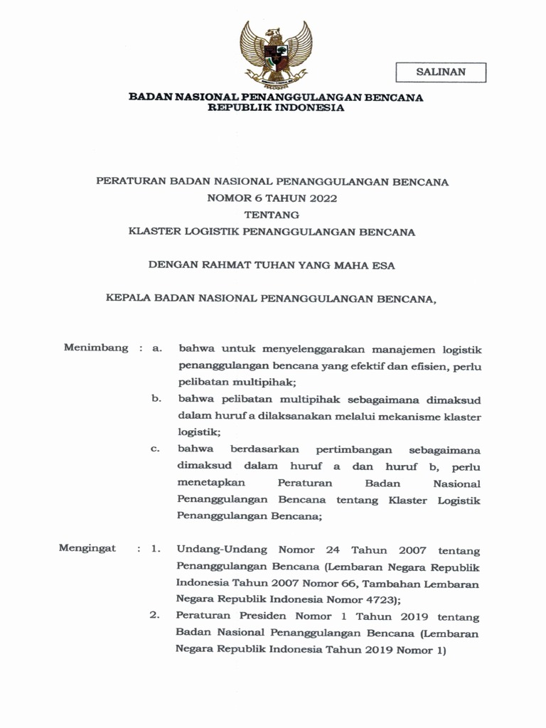 Per-BNPB No. 6/2022 TTG Klaster Logistik PB | PDF