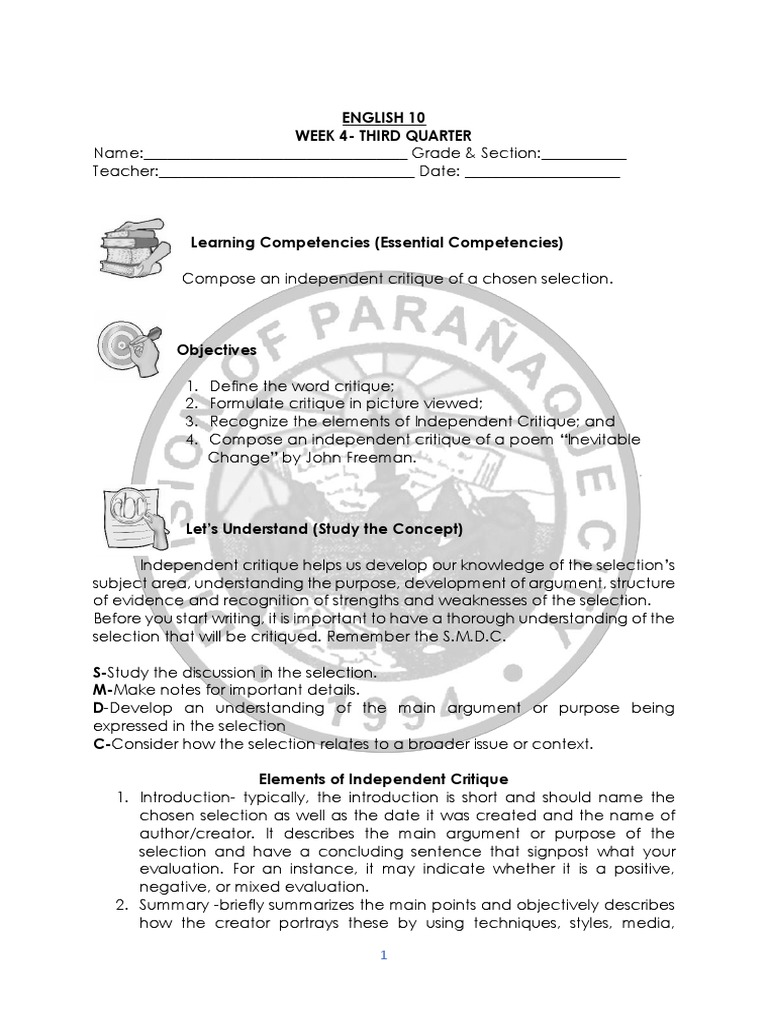 English 10 - Week 4 - Module 4 | PDF | Evaluation | Critical Thinking
