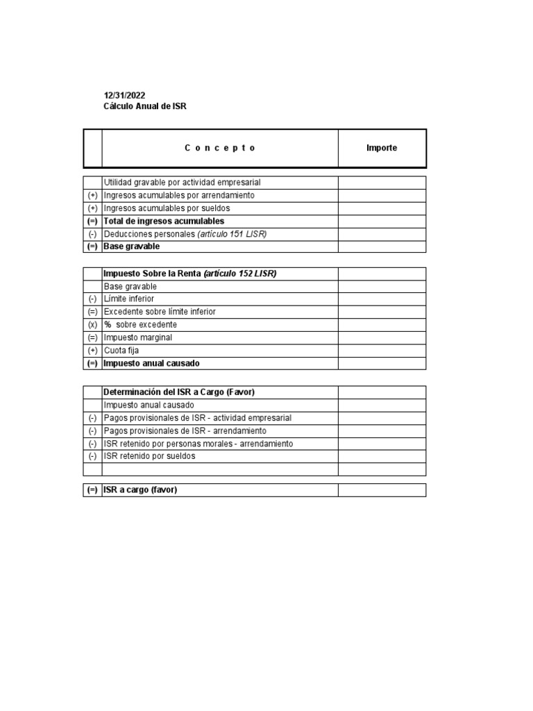 ISR PF - Formato Anual y Provisionales - 22 | PDF | Impuesto sobre la renta | Depreciación
