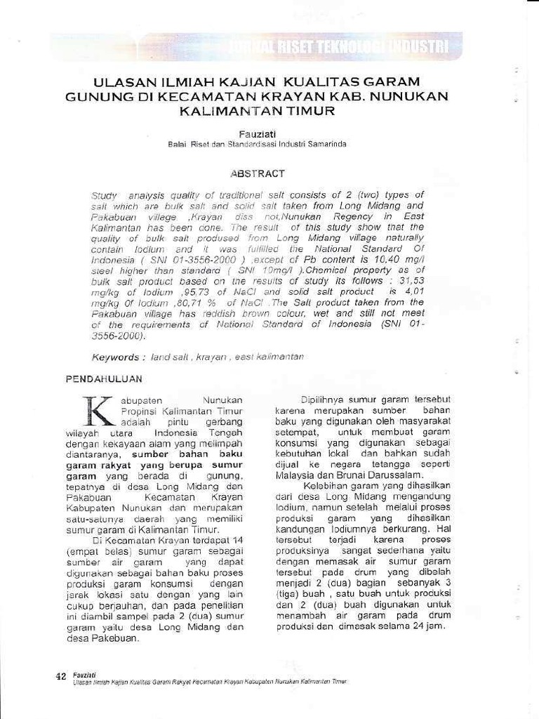 Ulasan Ilmiah Kajian Kualitas Garam Gunung Krayan Nunukan - Suziati | PDF