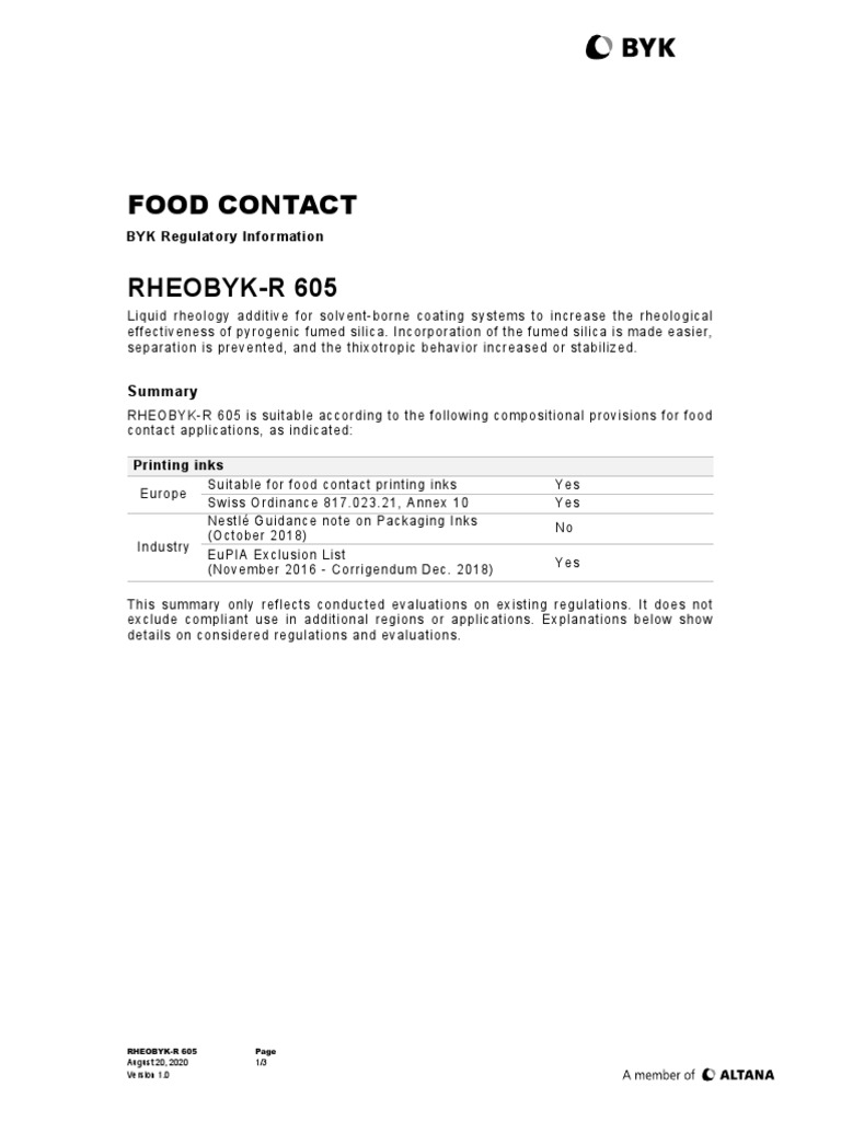 Food Contact Rheobyk R 605 En PDF Information Ink