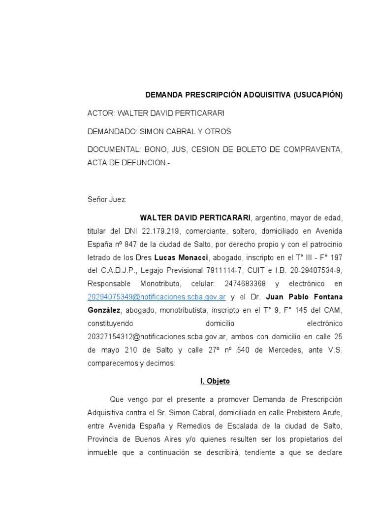 Demanda Usucapión Perticarari | PDF | Ley común | Justicia