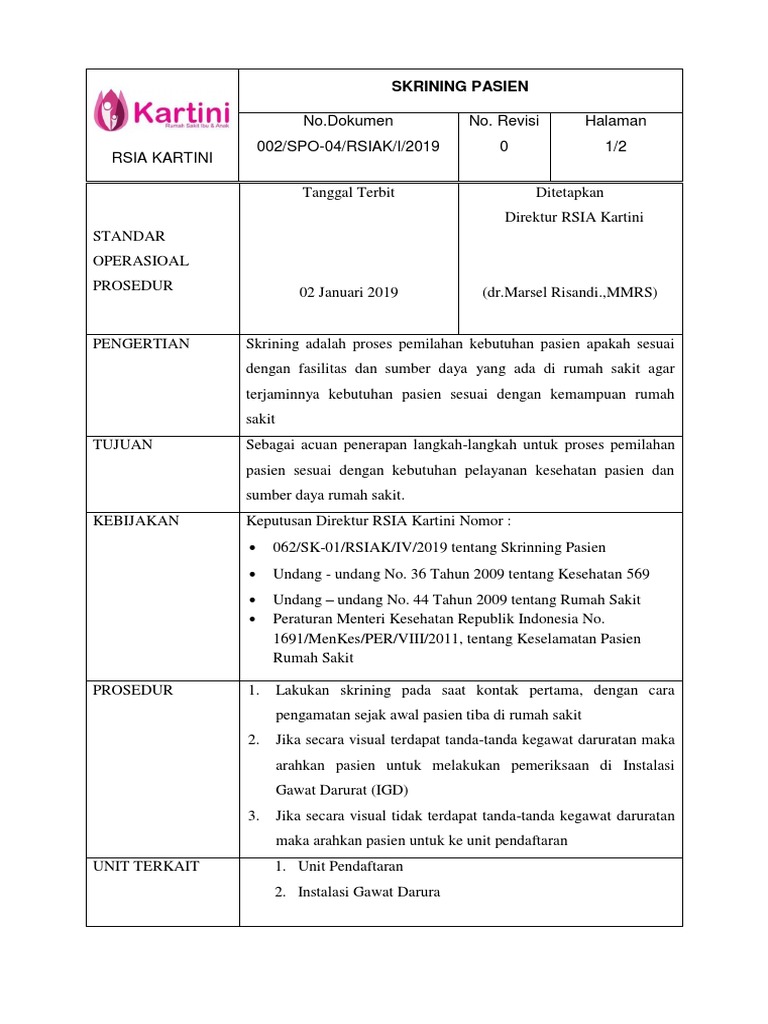 SOP Skrining Pasien RSIA Kartini | PDF