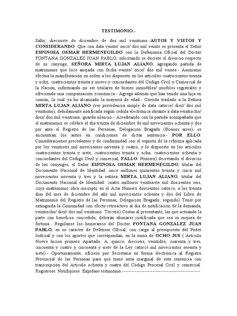 Testimonio Espinosa | PDF | Divorcio