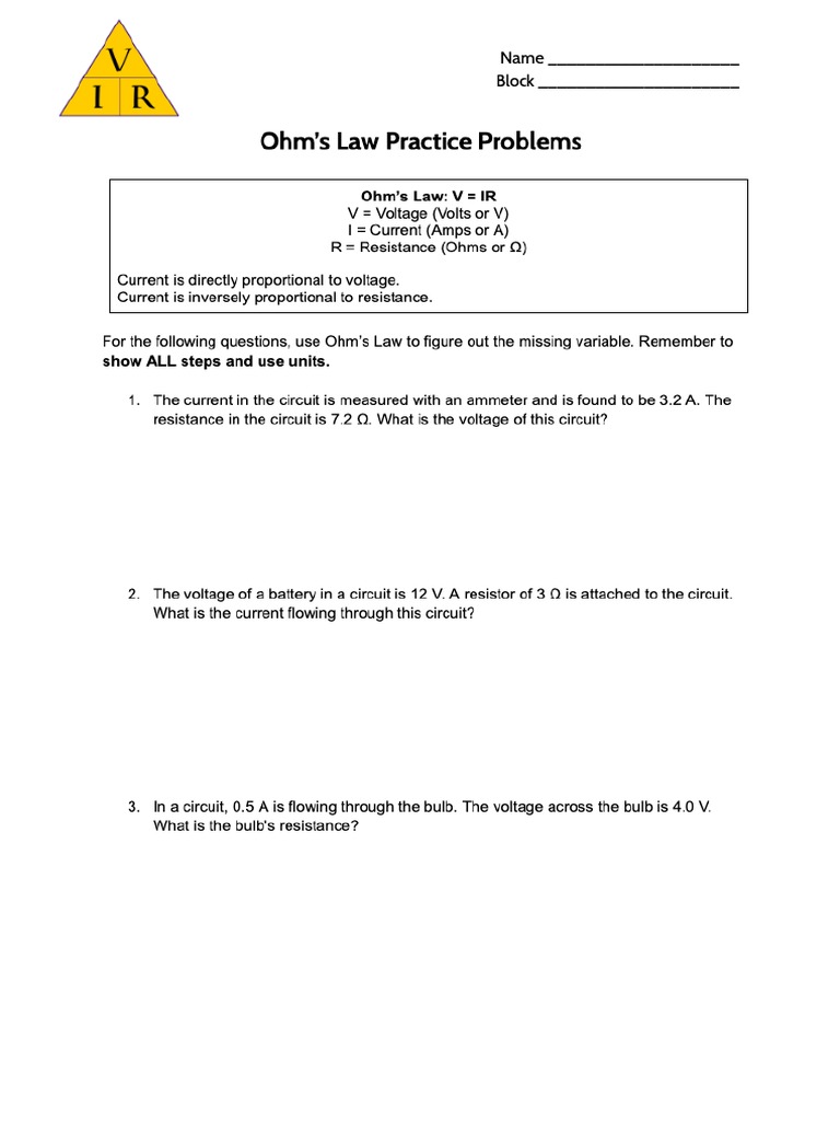 Student Copy - Ohm - S Law Practice Problems | PDF