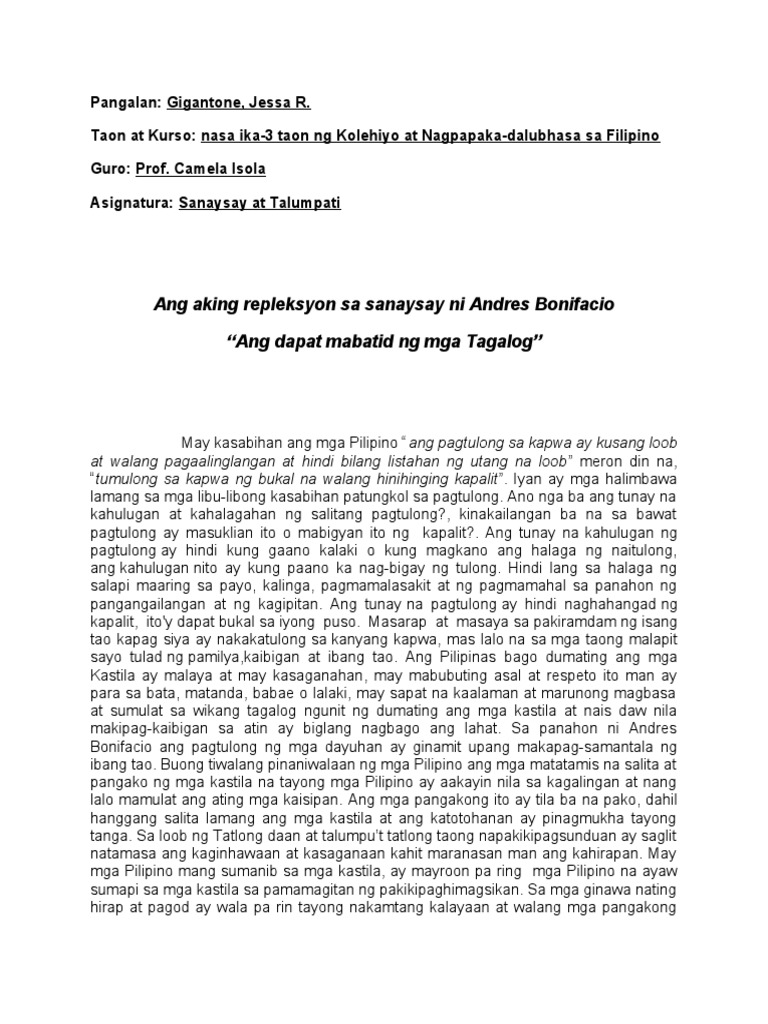 Ang Aking Repleksyon Sa Sanaysay Ni Andres Bonifacio - Gigantone | PDF