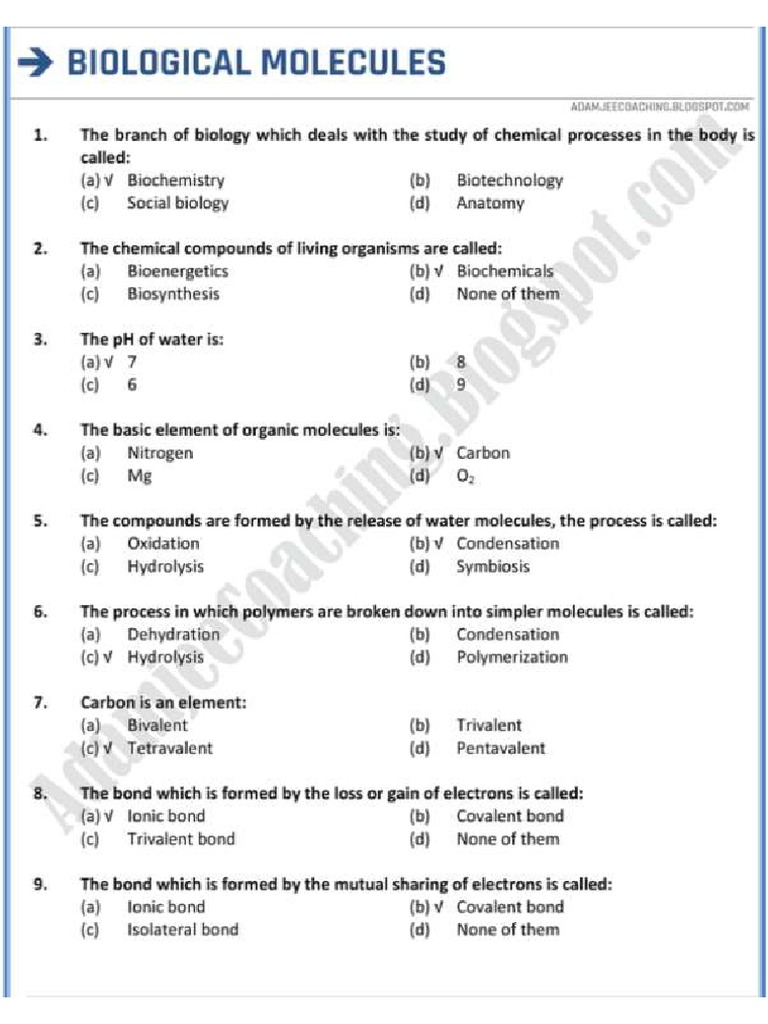 Biological Molecules MCQs | PDF