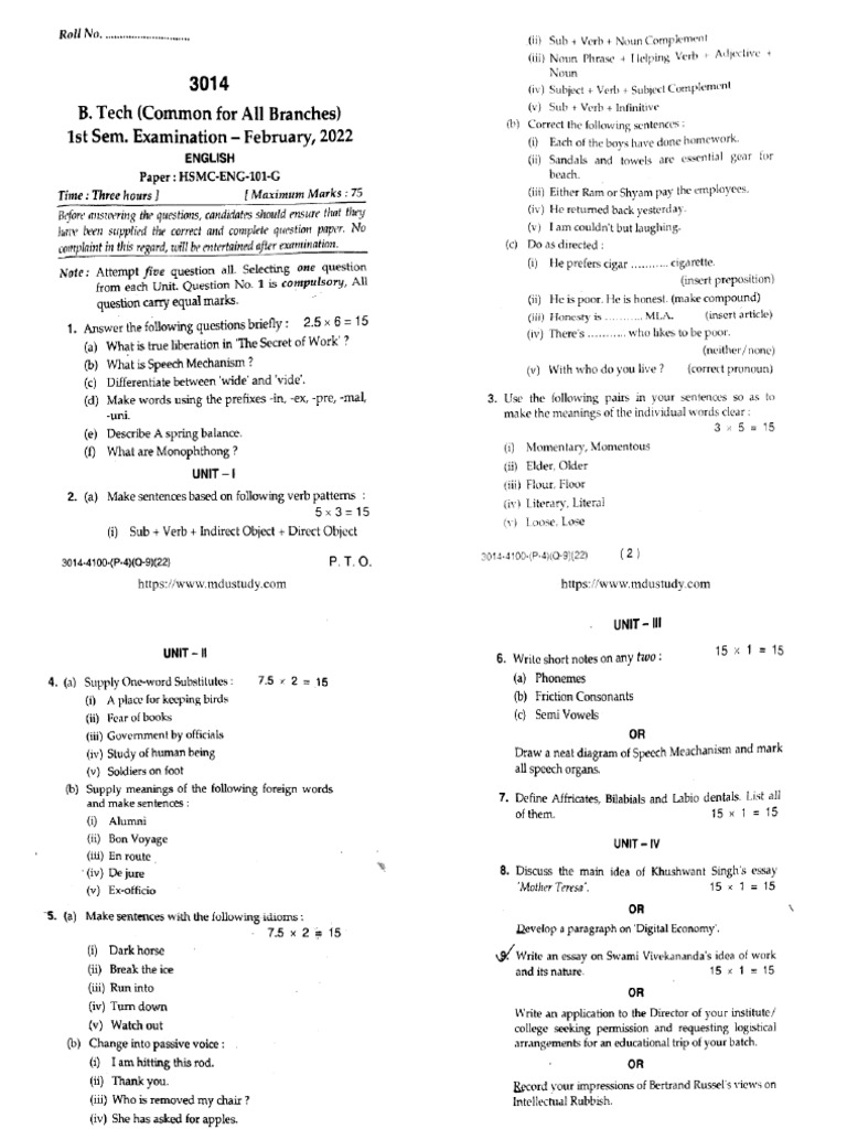 Btech 1 Sem English 3014 Feb 2022 | PDF
